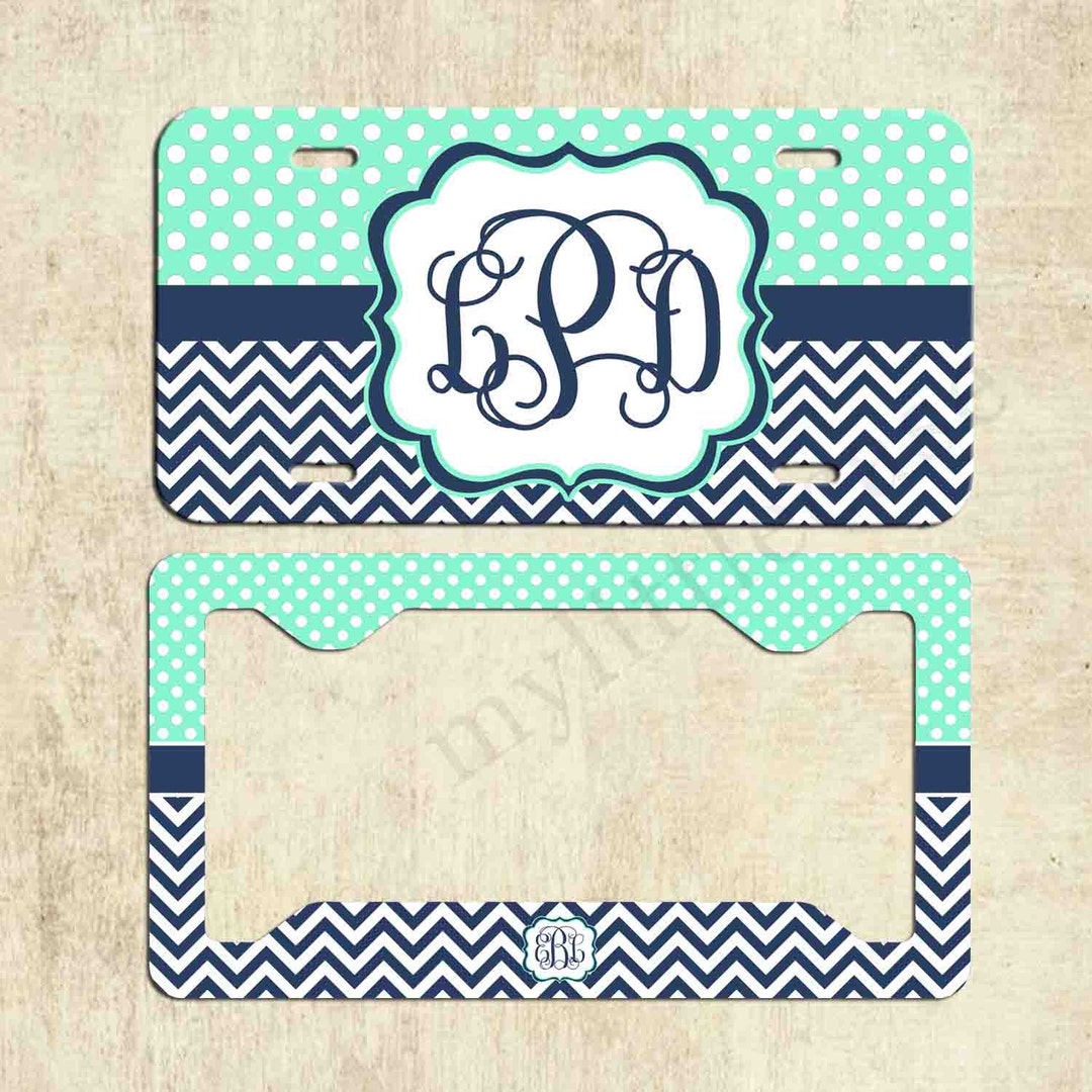Personalized License Plate Mint Polka Dot Navy Chevron Monogram License ...