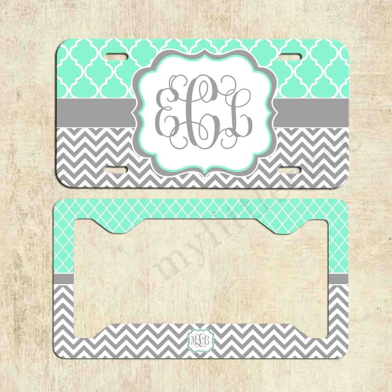 Monogrammed License Plate Mint Lattice Grey Chevron - Etsy