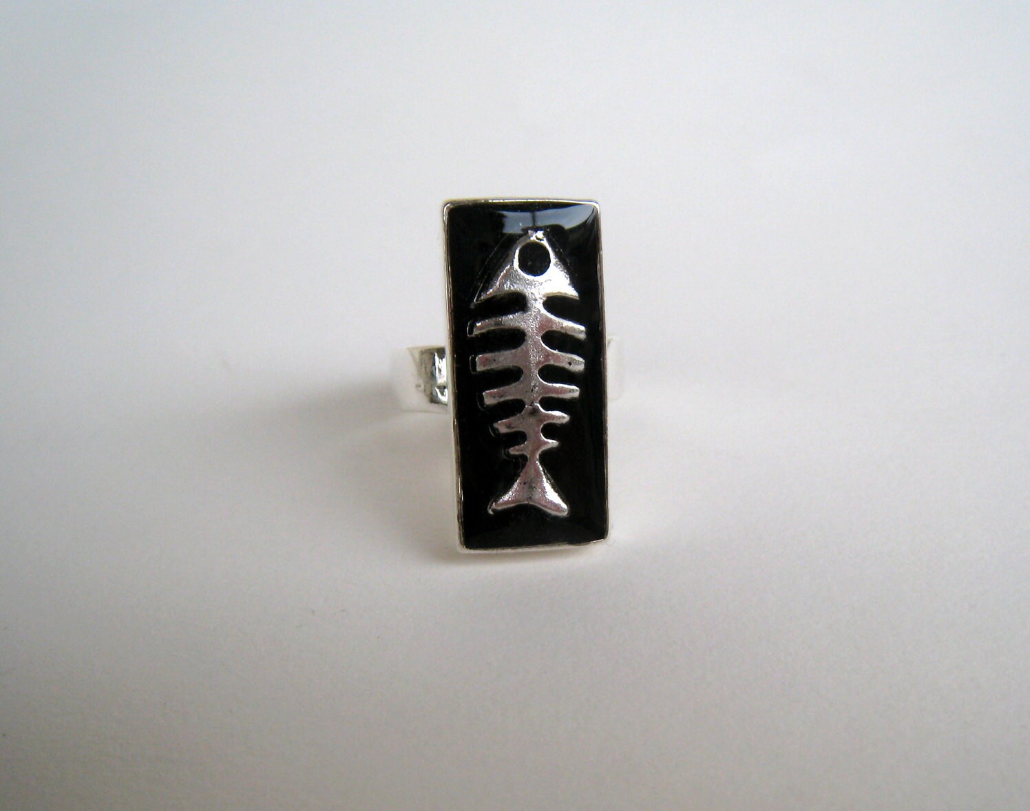 Fishbone black ring made of resin with a silver tone band. | Etsy