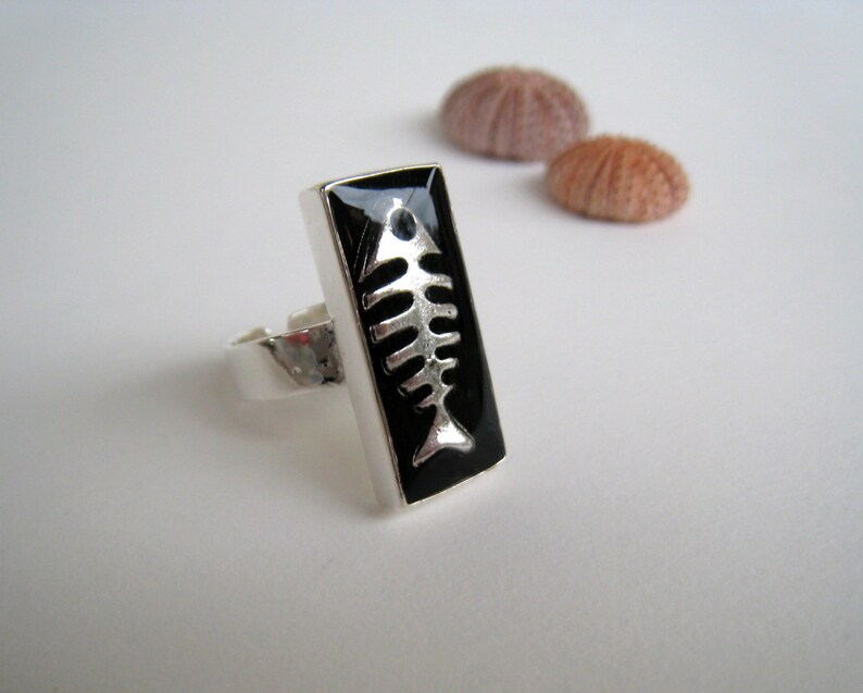 Fishbone Black Ring Made of Resin With a Silver Tone Band. | Etsy