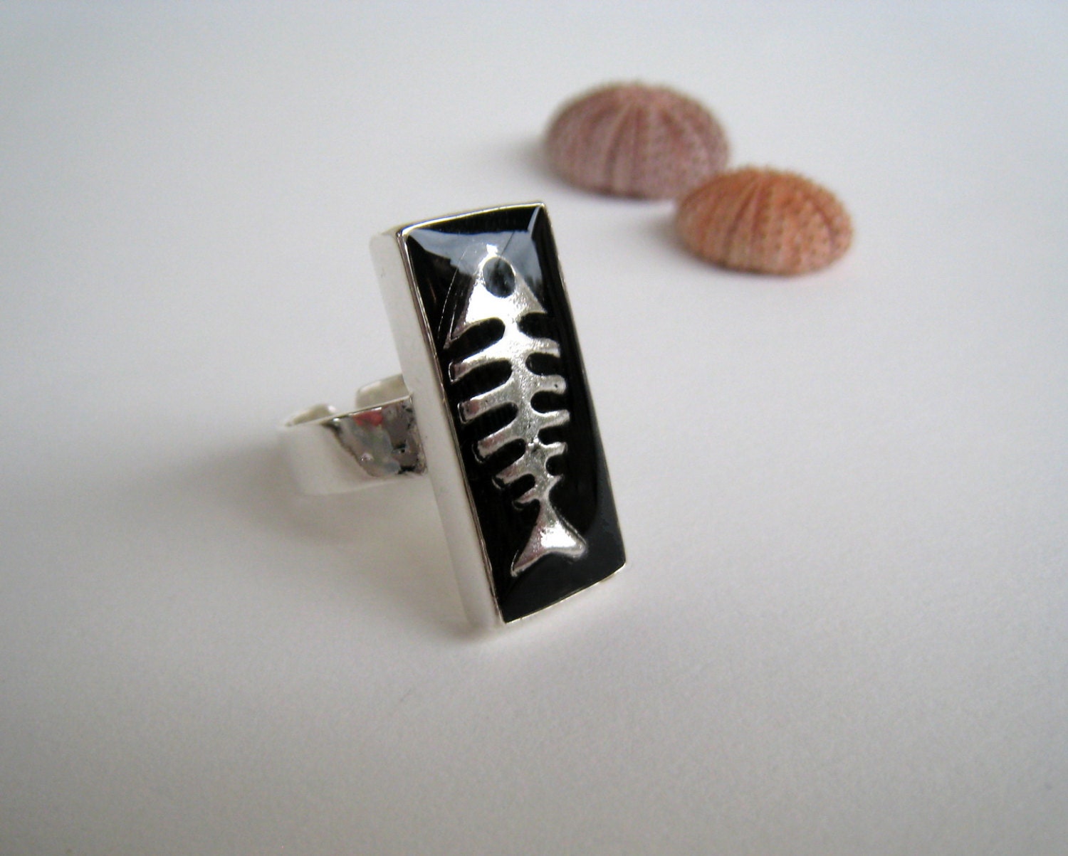 Fishbone black ring made of resin with a silver tone band. | Etsy