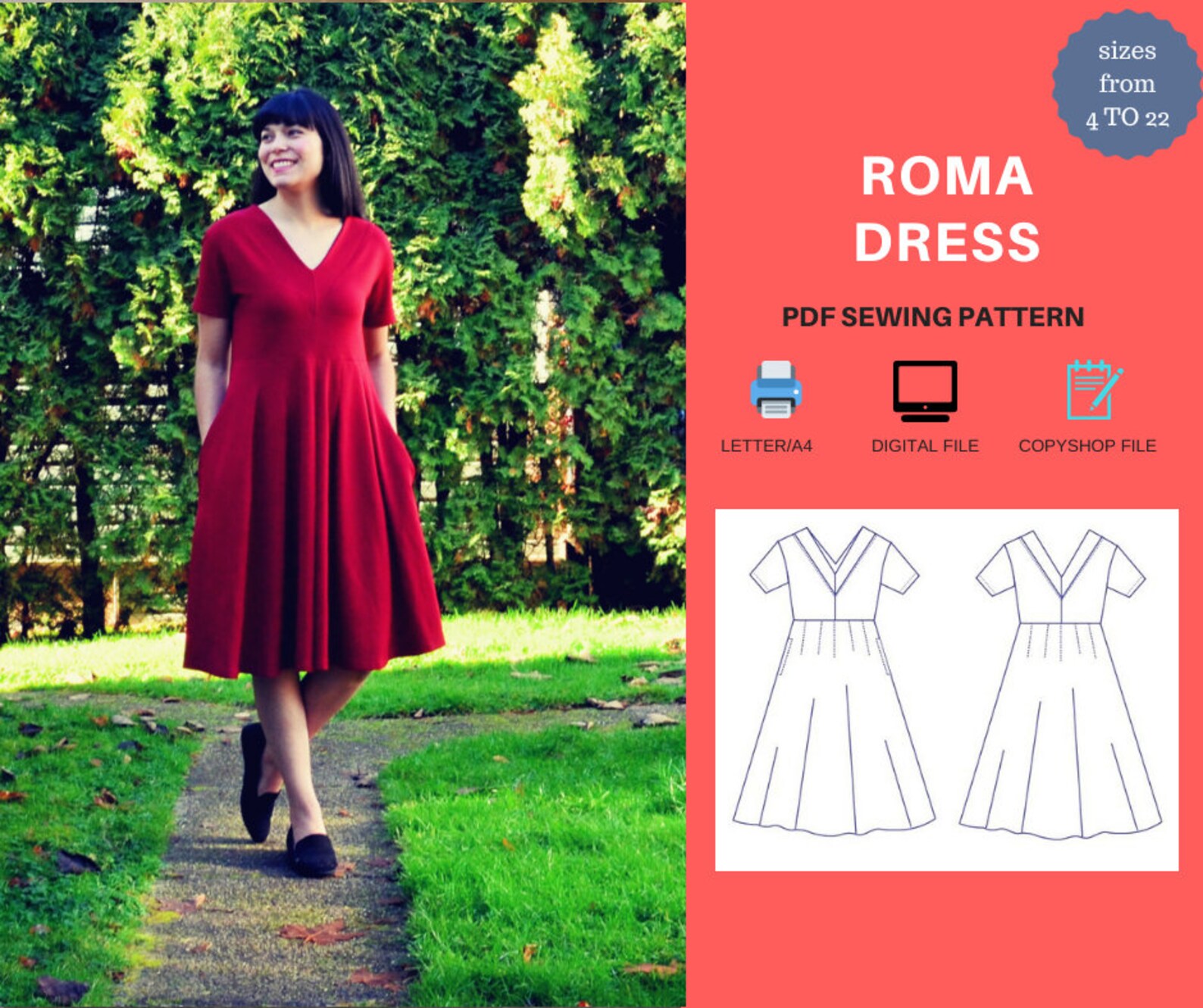 The Roma Dress PDF sewing pattern and Tutorial: This pattern | Etsy