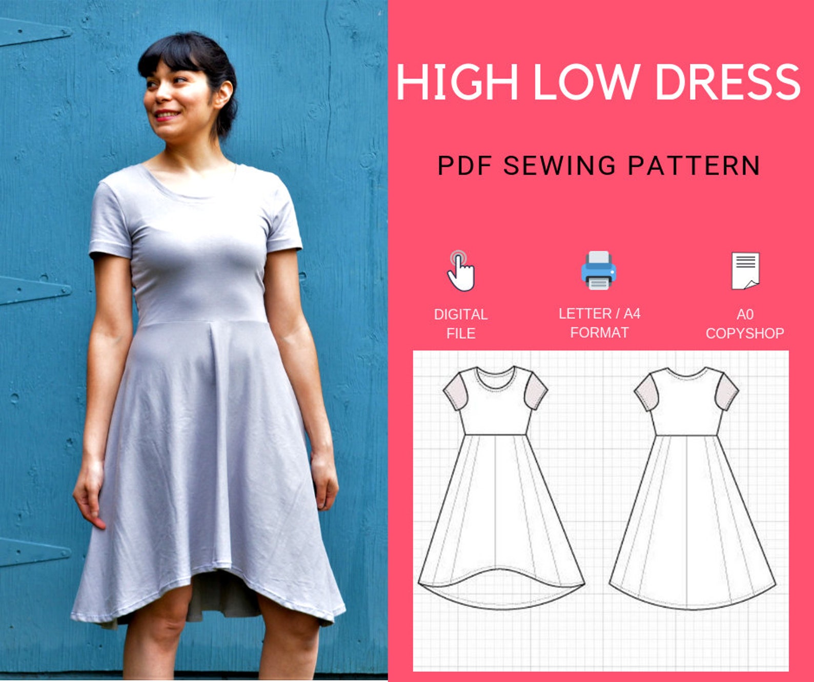 High Low Skater Dress PDF Printable Sewing Pattern and Step by - Etsy