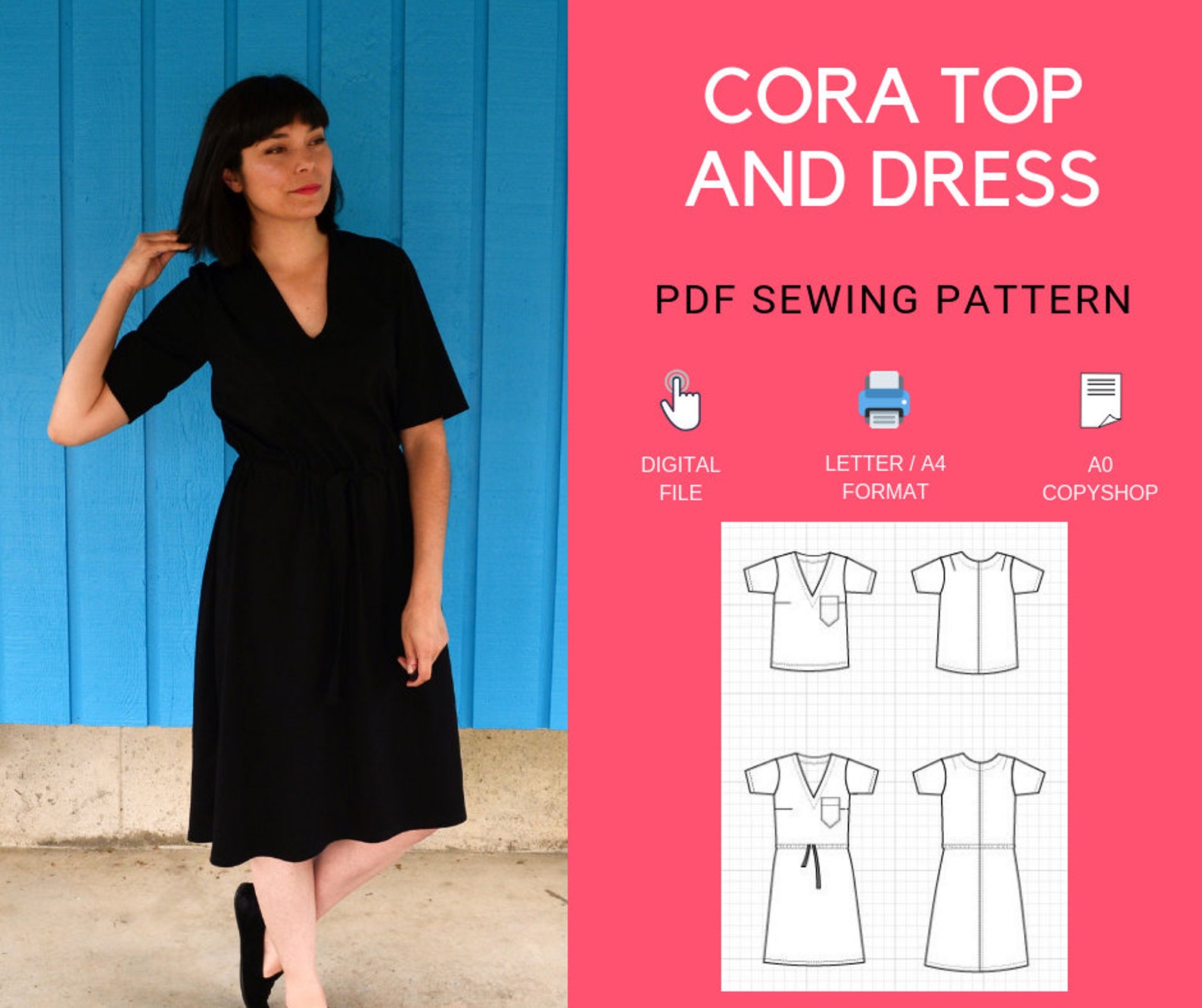 Cora Top and Dress PDF Sewing Pattern and Printable Sewing - Etsy