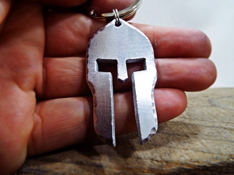 Spartan Helmet Keychain Hammered Edge Aluminum Handmade - Etsy