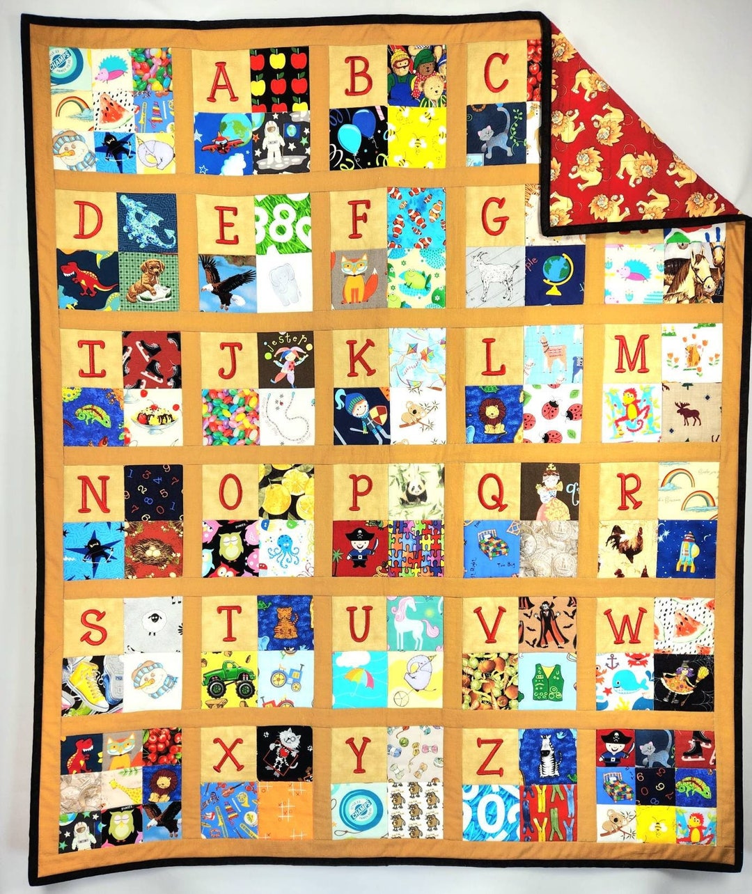 Embroidered Alphabet I Spy Quilt, Boy Lions on Red I Spy Game Quiet ...