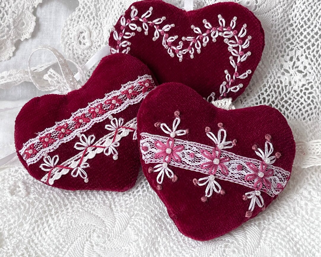 Dark Red Velvet Hearts Handmade Embroidered Hearts - Etsy