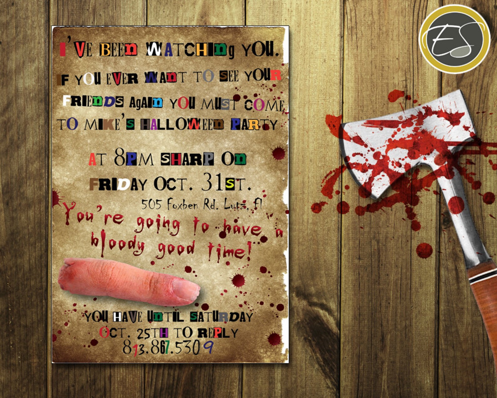 Halloween Invitation: Bloody Ransom Note With Severed Finger. DIY ...