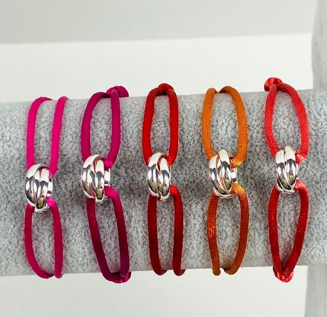 3 Rings Bracelet, Silver Bracelet, Satin Cord Bracelet, Friendship ...