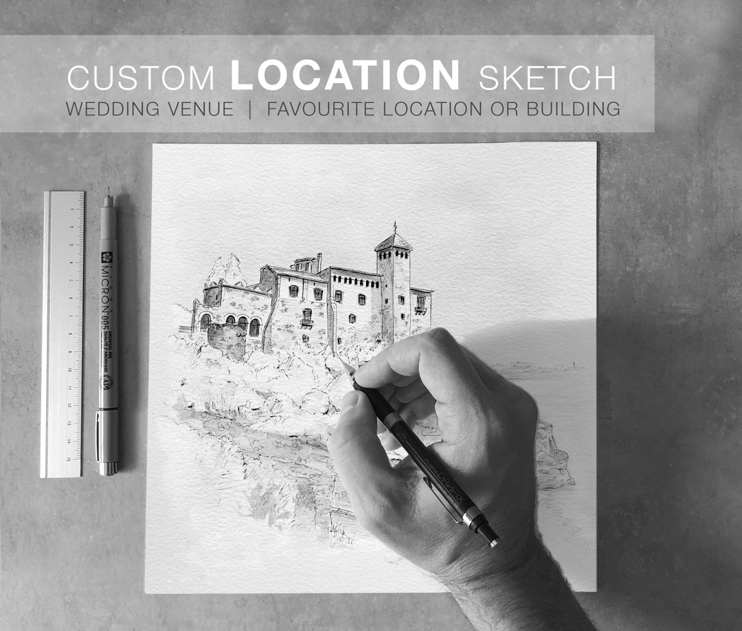 Custom LOCATION Sketch. Hand Drawn in Pen and Watercolour. Wedding ...