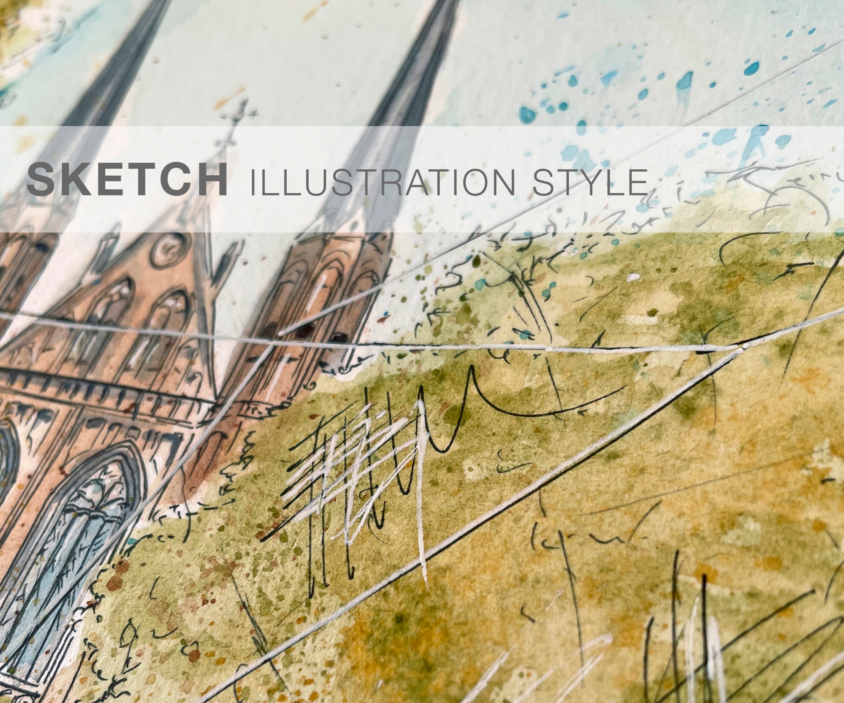 Custom LOCATION Sketch. Hand Drawn in Pen and Watercolour. Wedding ...