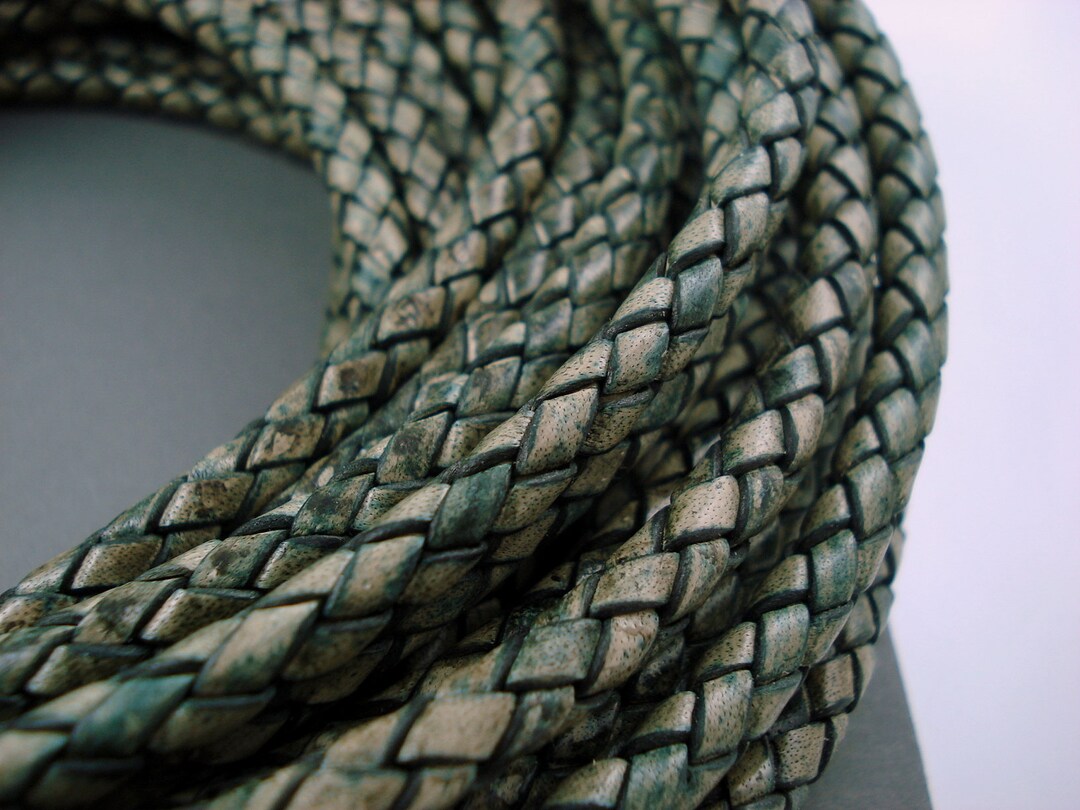 One Yard Braided Leather German Cord, 6MM Natural Dark Green Bolo ...