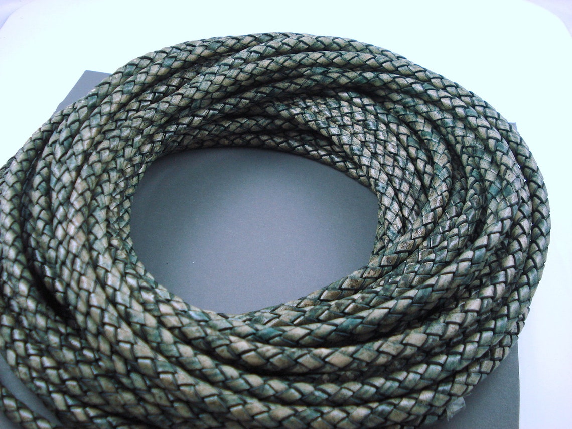 One Yard Braided Leather German Cord, 6MM Natural Dark Green Bolo ...