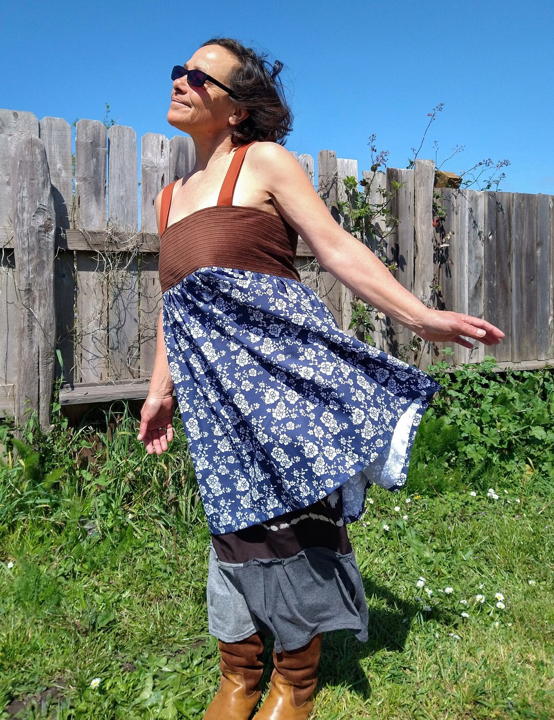 Hippie APRON TOP Open Criss Cross Back Brown Cord Blue Floral Rust ...