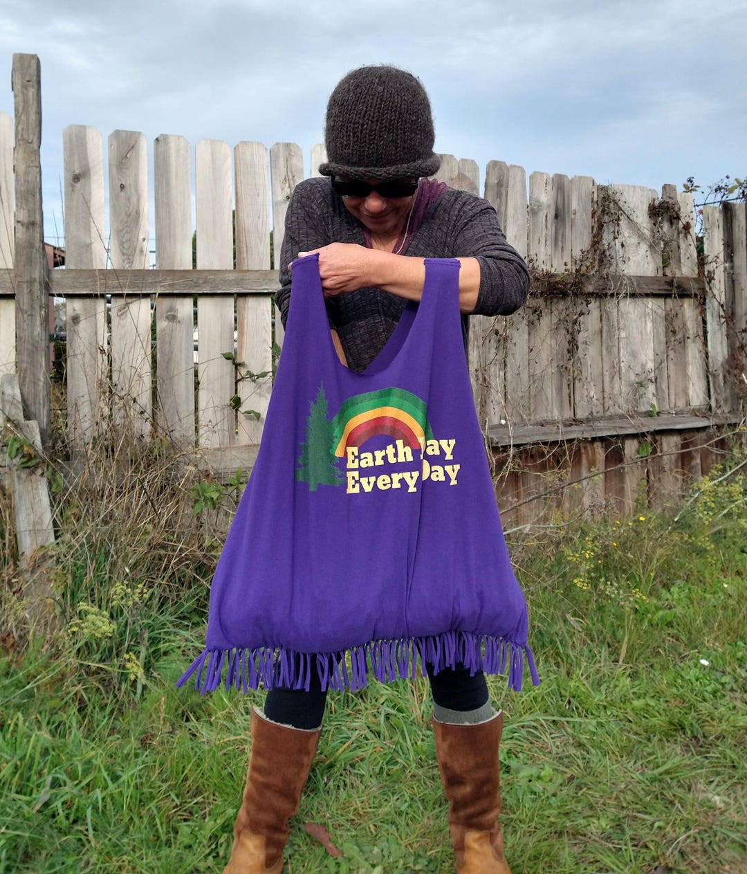 EARTH DAY BAG Large Purple Graphic Slogan Shoulder Bag Upcycled T Shirt ...