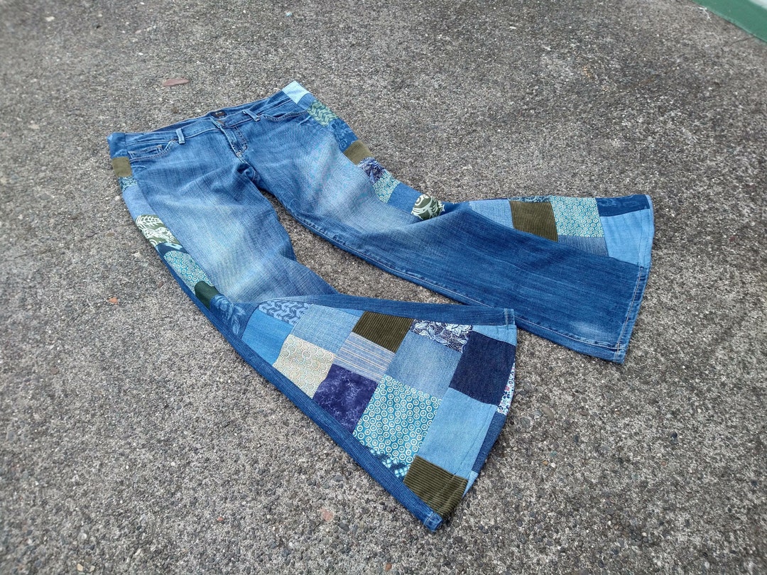 PATCHWORK BELL BOTTOMS Womens Handmade Hippie 60s Jeans Upcycled ...