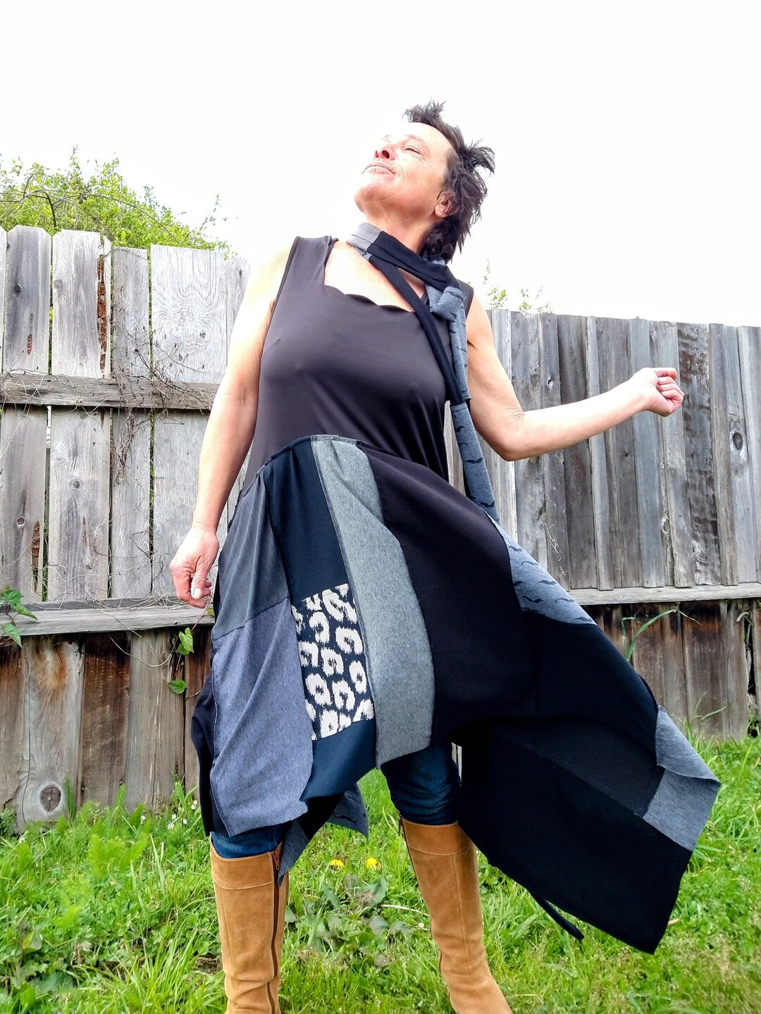BLACK PATCHWORK DRESS & Scarf Tank Top Black Grey Recycled T Shirts ...
