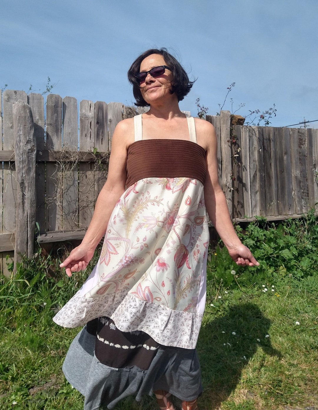 Hippie APRON TOP Open Cinch Back Brown Cord Cream Floral N Hearts ...