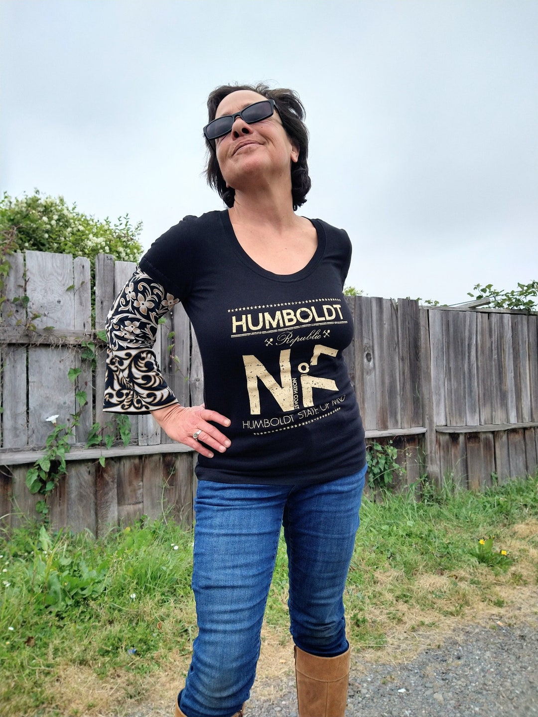 HUMBOLDT COUNTY Floral Sleeve T Shirt Black N Gold Upcycled T Shirt ...