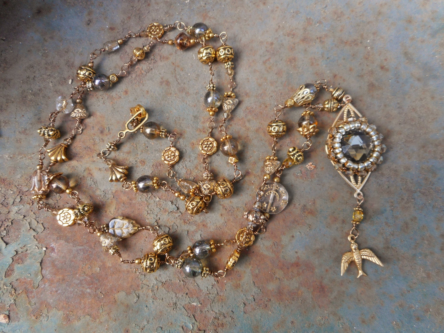 Freebird Charm With Smoky Rhinestone Necklace on Long Golden Brass ...