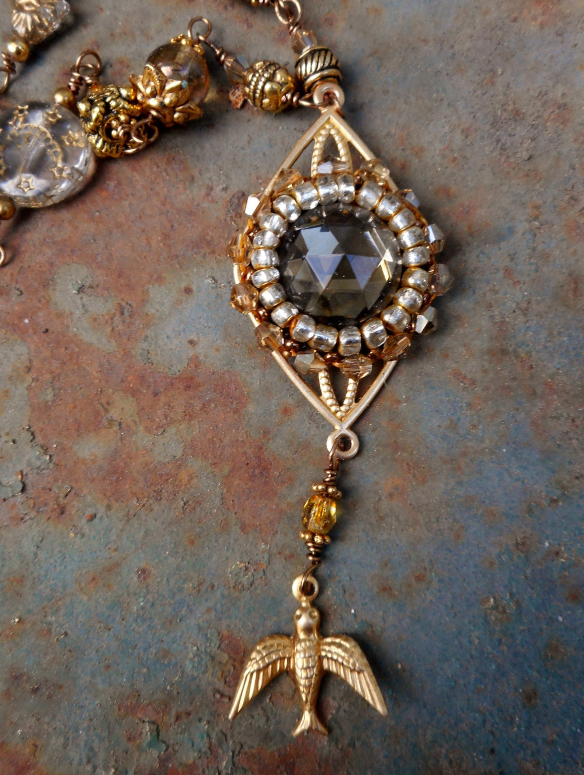 Freebird Charm With Smoky Rhinestone Necklace on Long Golden Brass ...