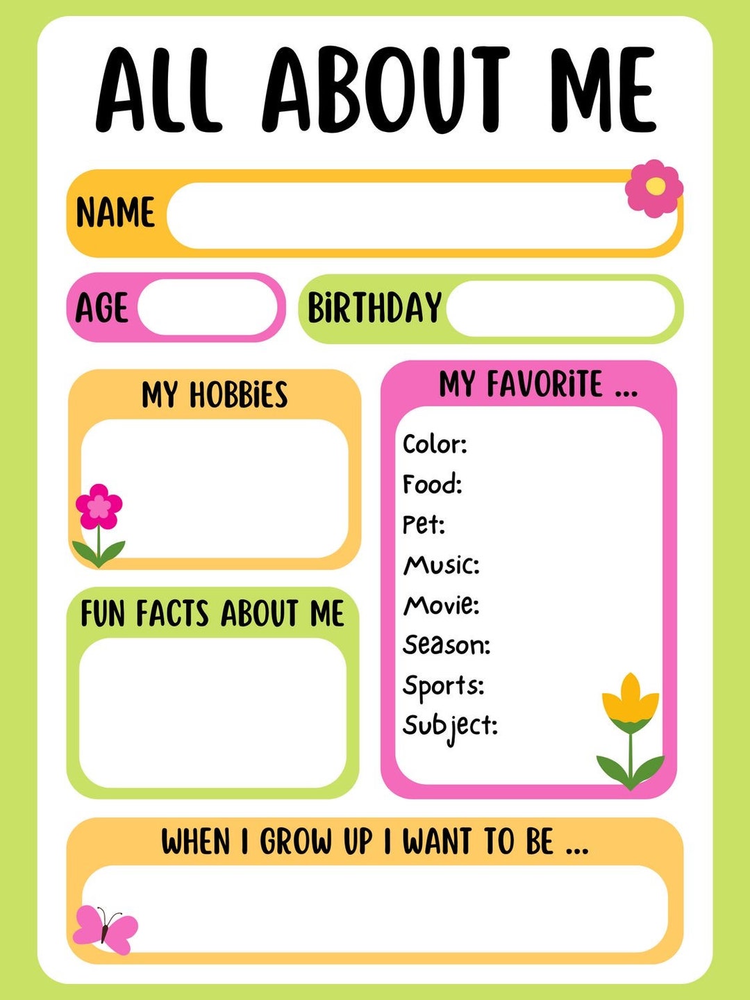 Flower Whimsical All About Me Kids Template - Etsy