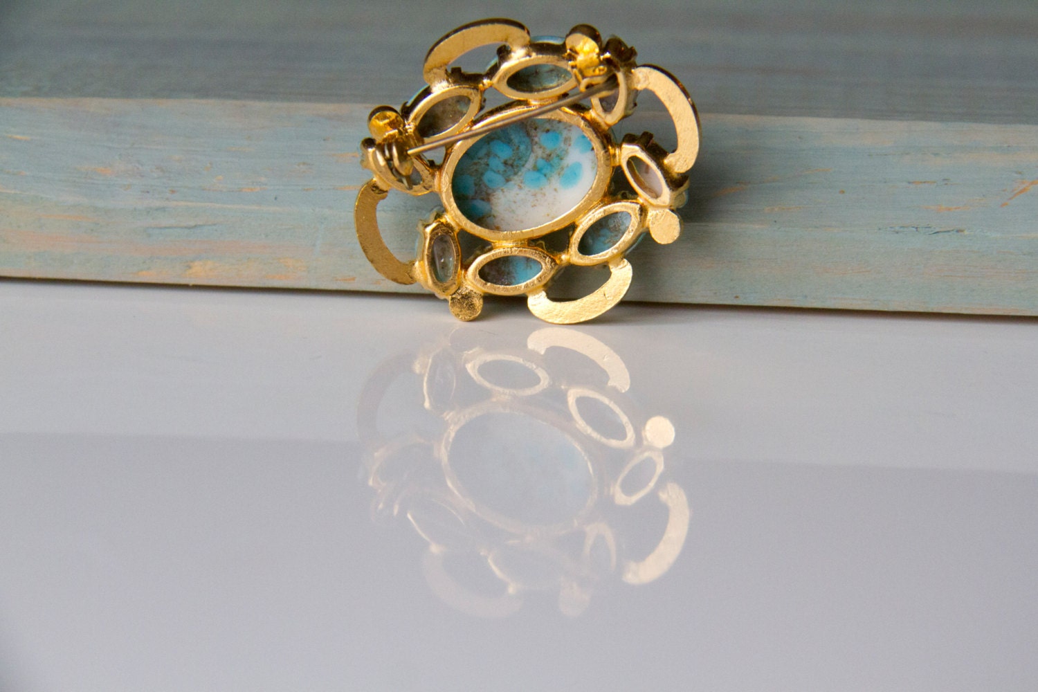 Turquoise Stone Brooch Gold and Turquoise Brooch Unsigned | Etsy