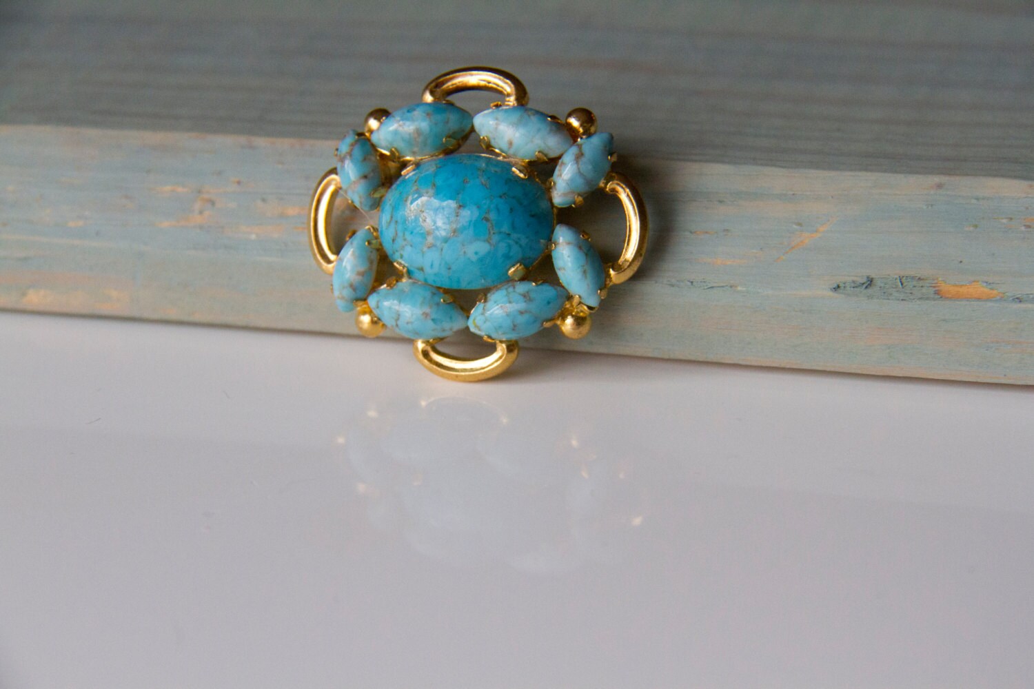 Turquoise Stone Brooch Gold and Turquoise Brooch Unsigned | Etsy