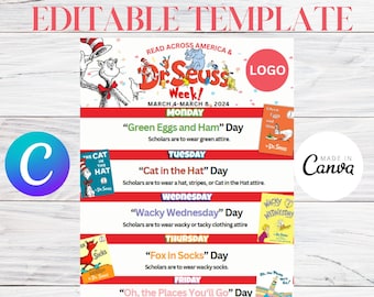 Dr. Seuss Week School Spirit Itinerary, Editable Printable Template ...