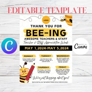 Bee Teacher Appreciation Week Flyer: Editable Template (digital ...