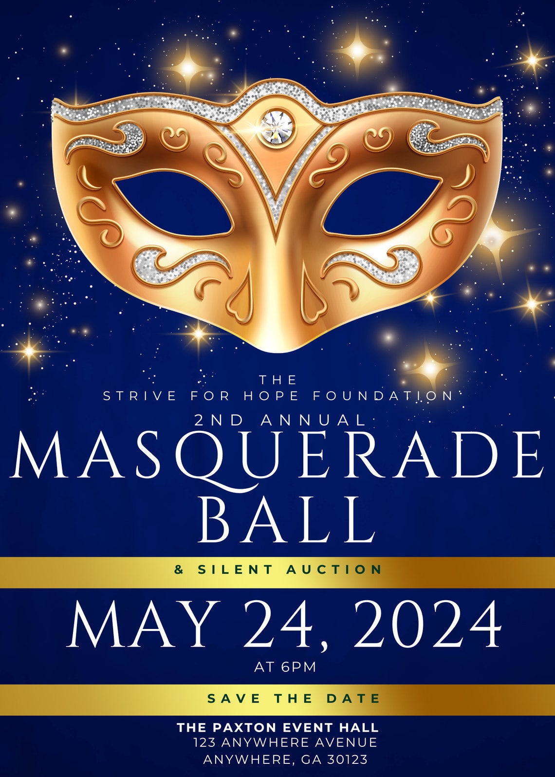 Masquerade Ball Editable Flyer Template | Blue and Gold Masquerade Ball ...