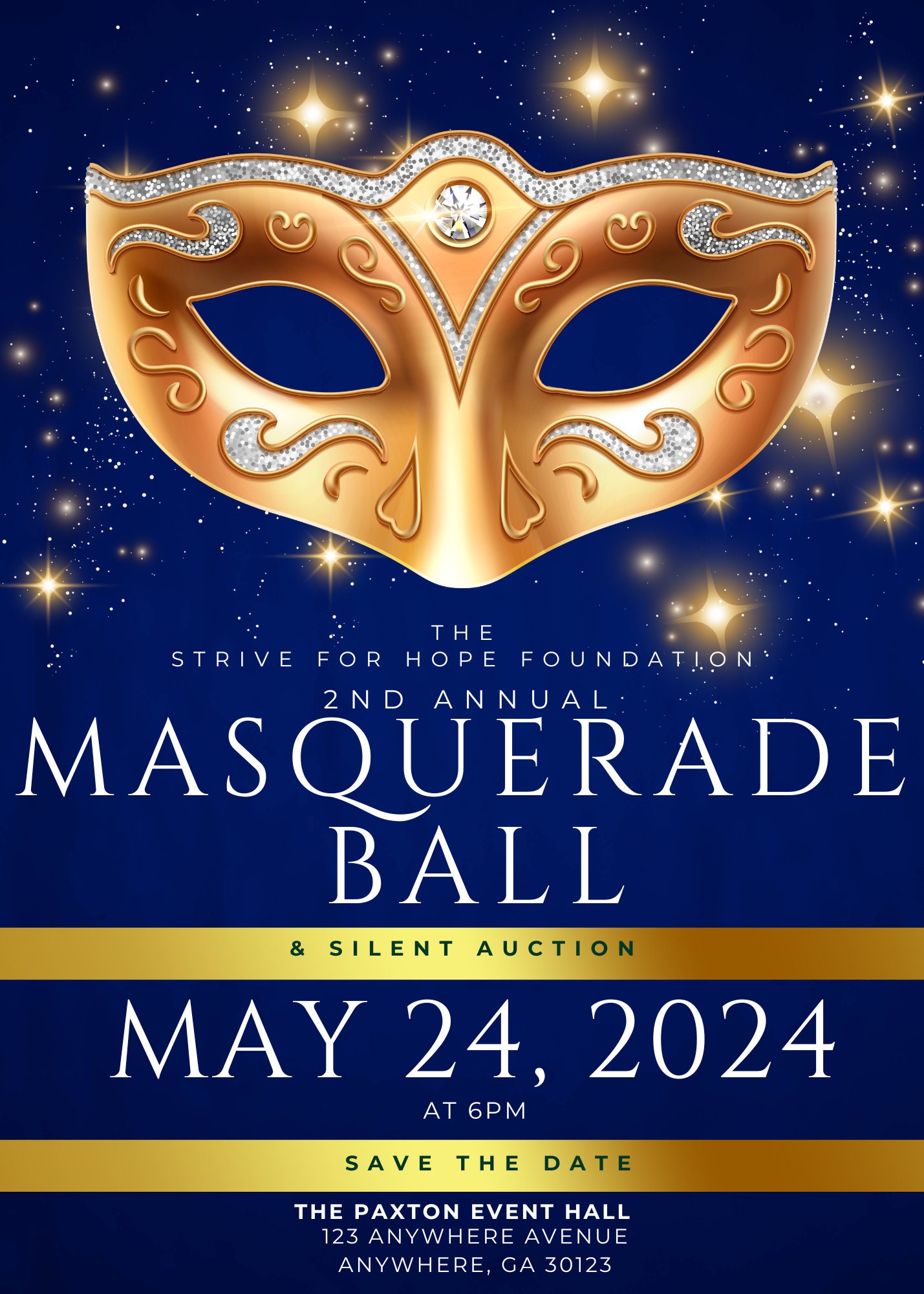 Masquerade Ball Editable Flyer Template | Blue and Gold Masquerade Ball ...