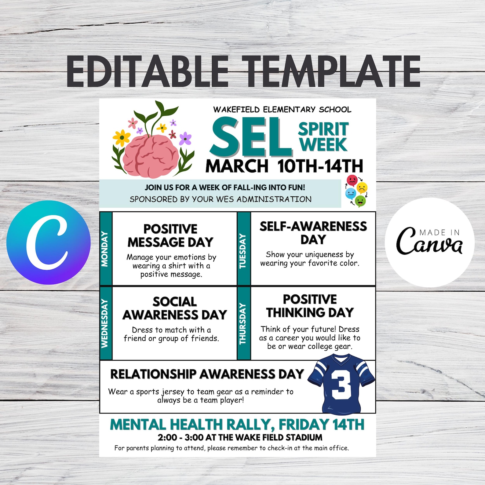 Editable SEL Spirit Week Flyer Template: School Event Planner (digital ...