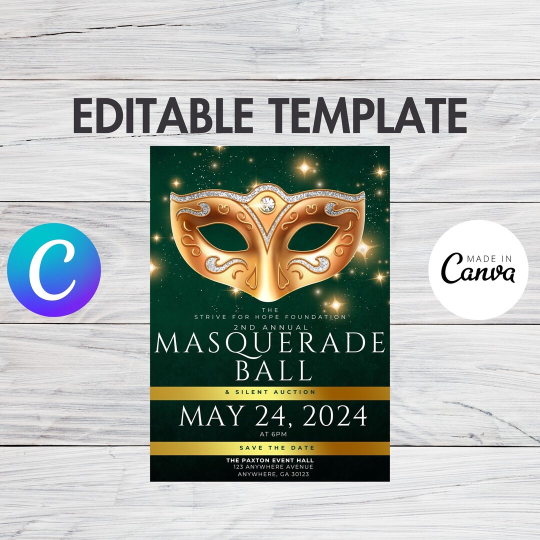 Masquerade Ball Editable Flyer Template | Green and Gold Masquerade ...