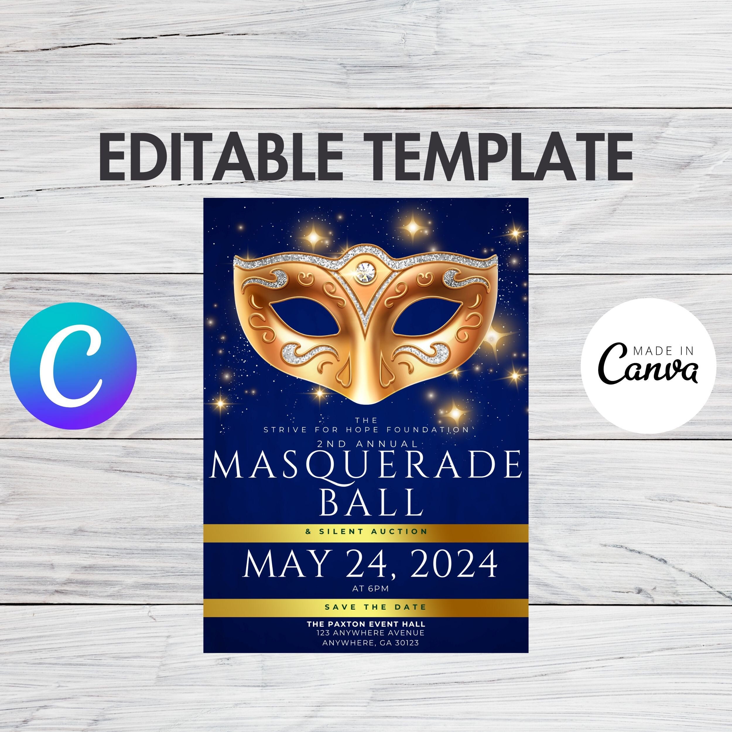 Masquerade Ball Editable Flyer Template | Blue and Gold Masquerade Ball ...