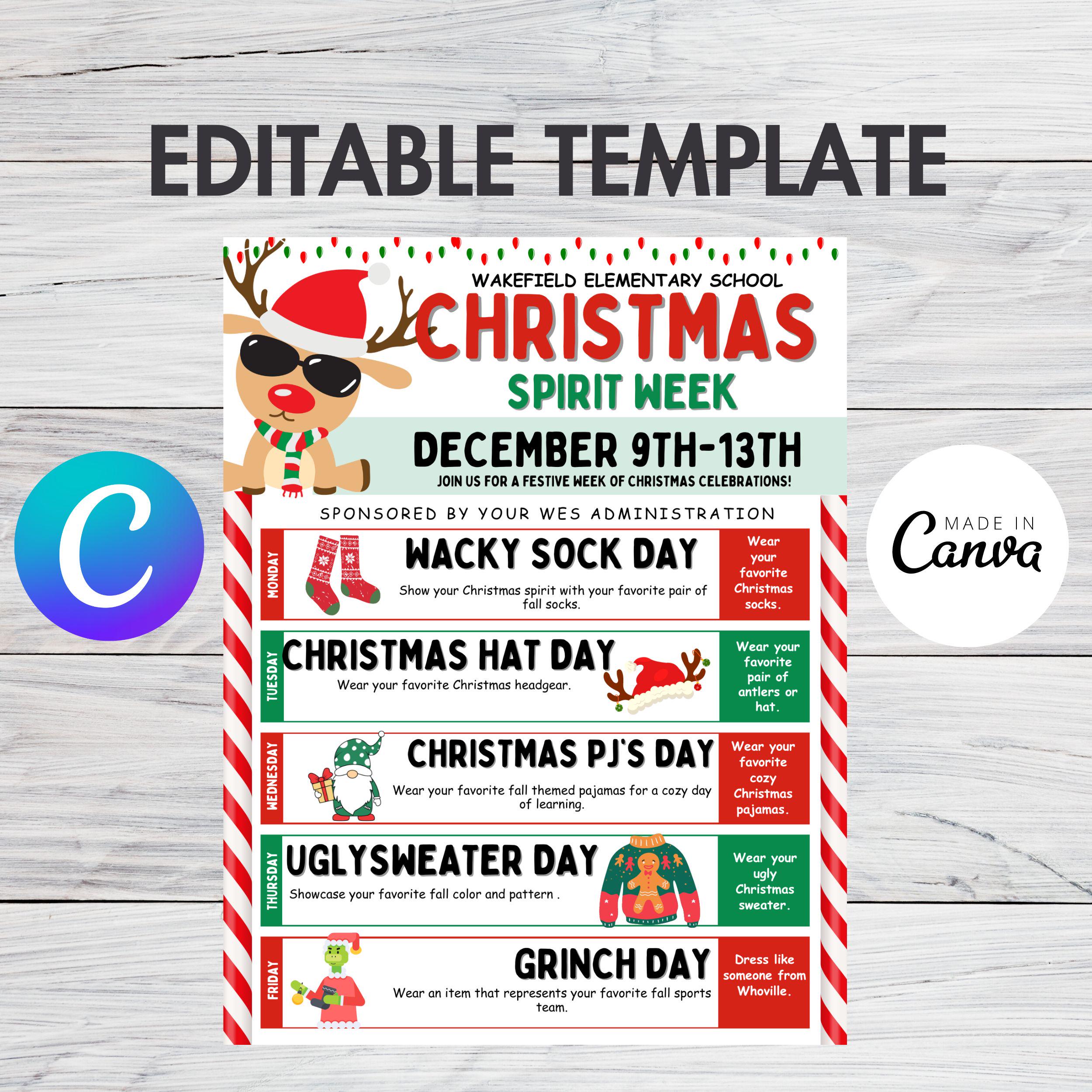 Editable Christmas Spirit Week Template Flyer | Canva Christmas Spirit ...