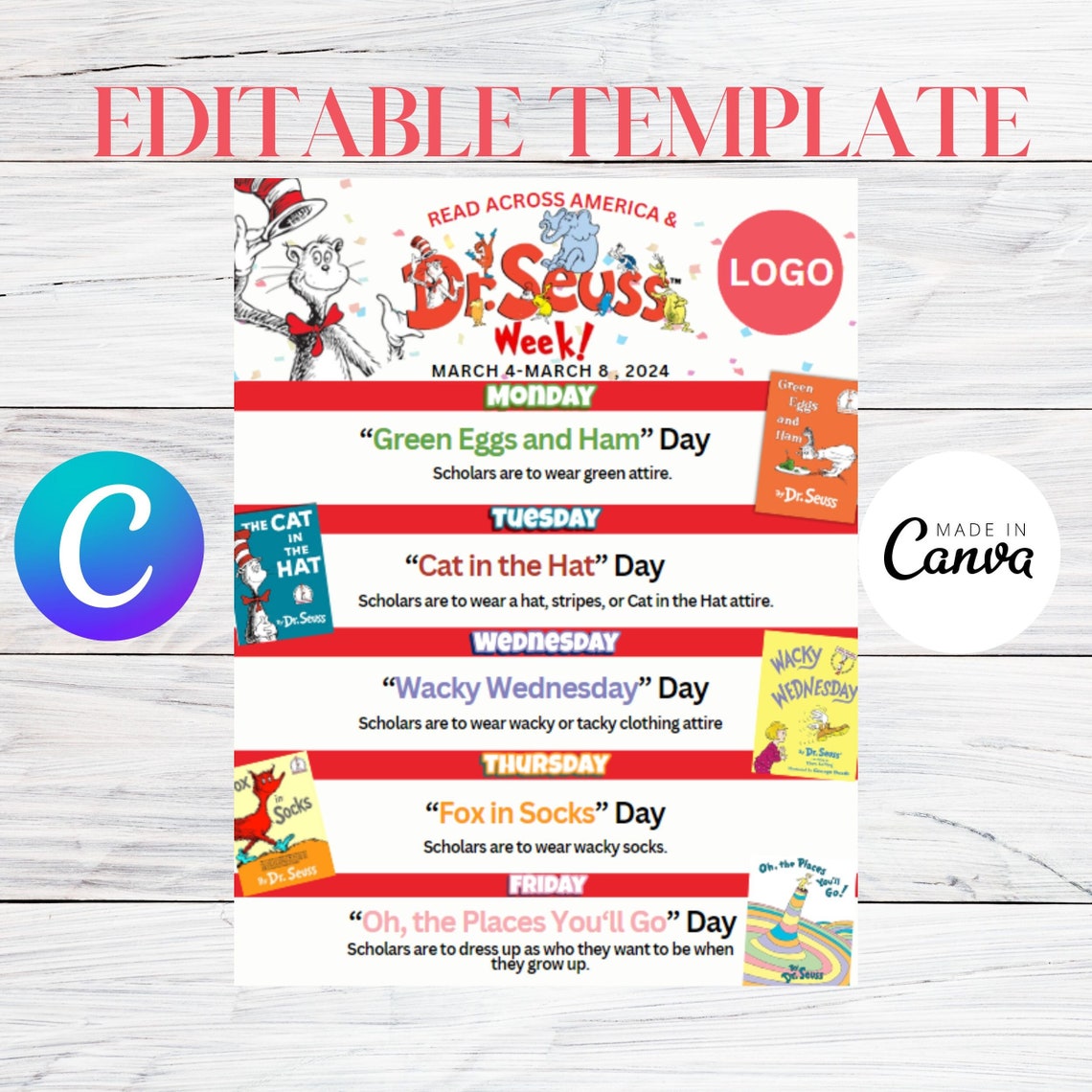 Editable Read Across America/ Dr. Seuss Spirit Week Template Flyer - Etsy