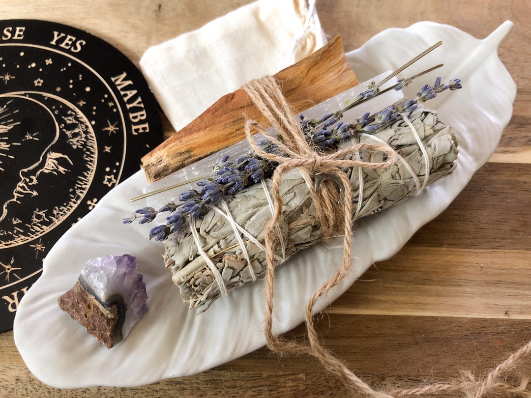 Feather Sage Tray Gift Box Raw Amethyst Lavender Sage Bundle Witchy ...
