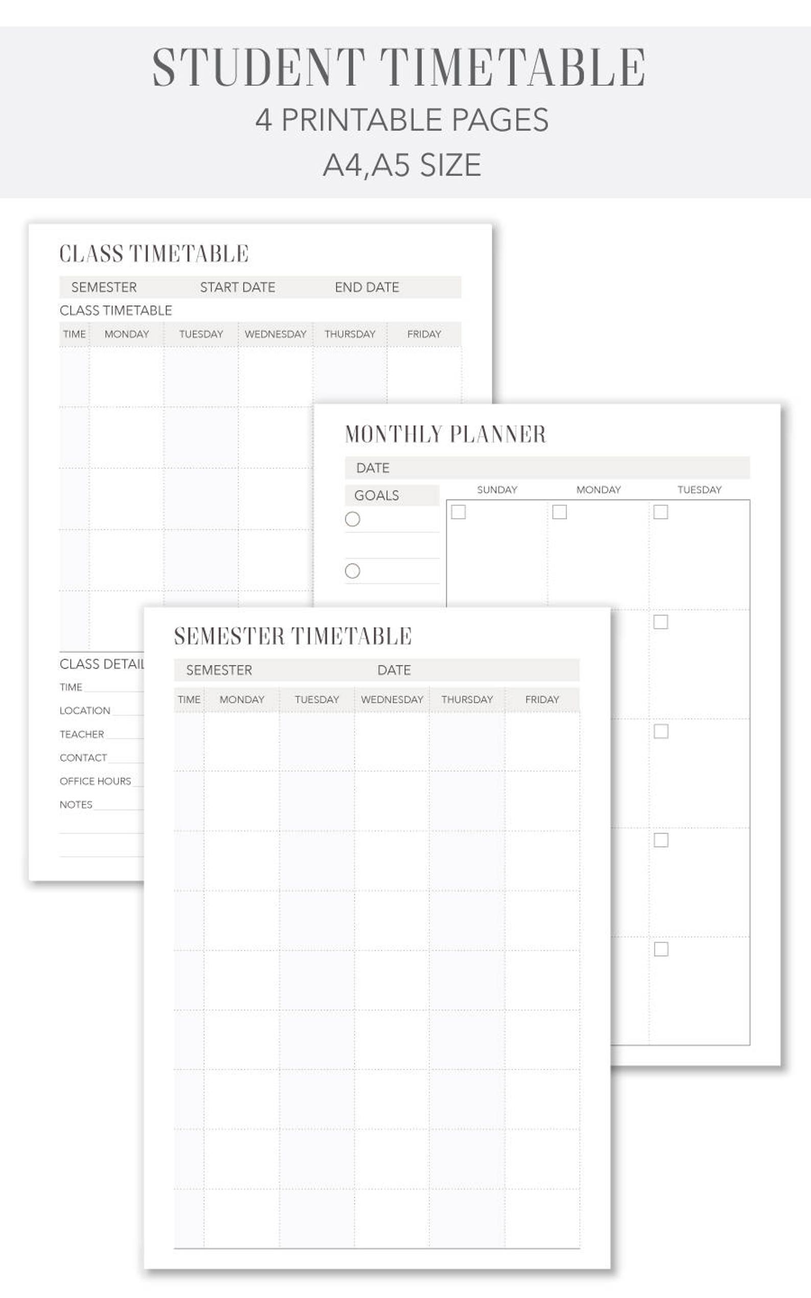 Student Timetable 4 Printable Pages A4 A5 - Etsy
