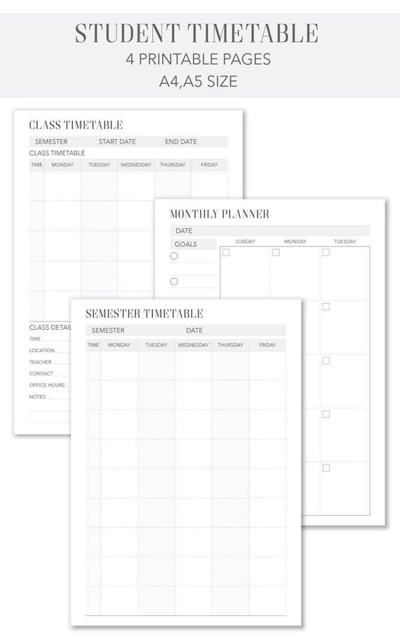 Student Timetable 4 Printable Pages A4 A5 | Etsy