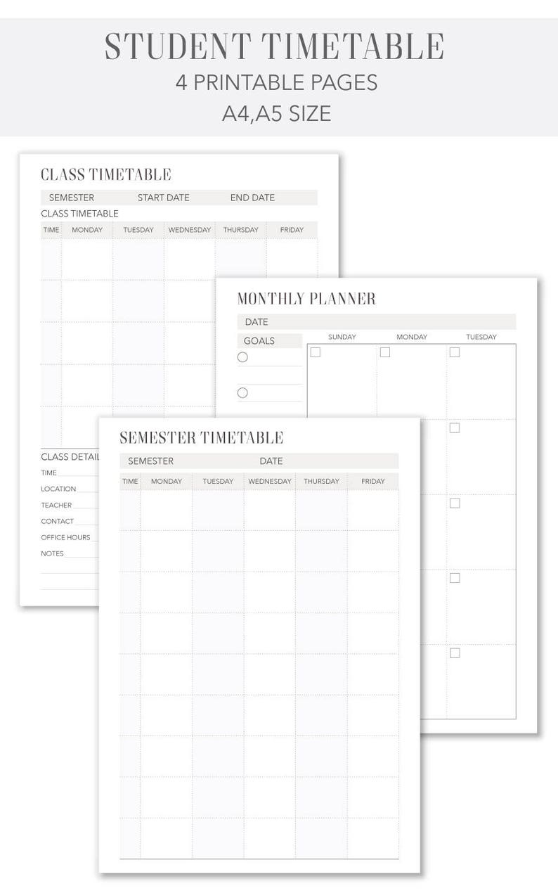 Student Timetable 4 Printable Pages A4 A5 - Etsy