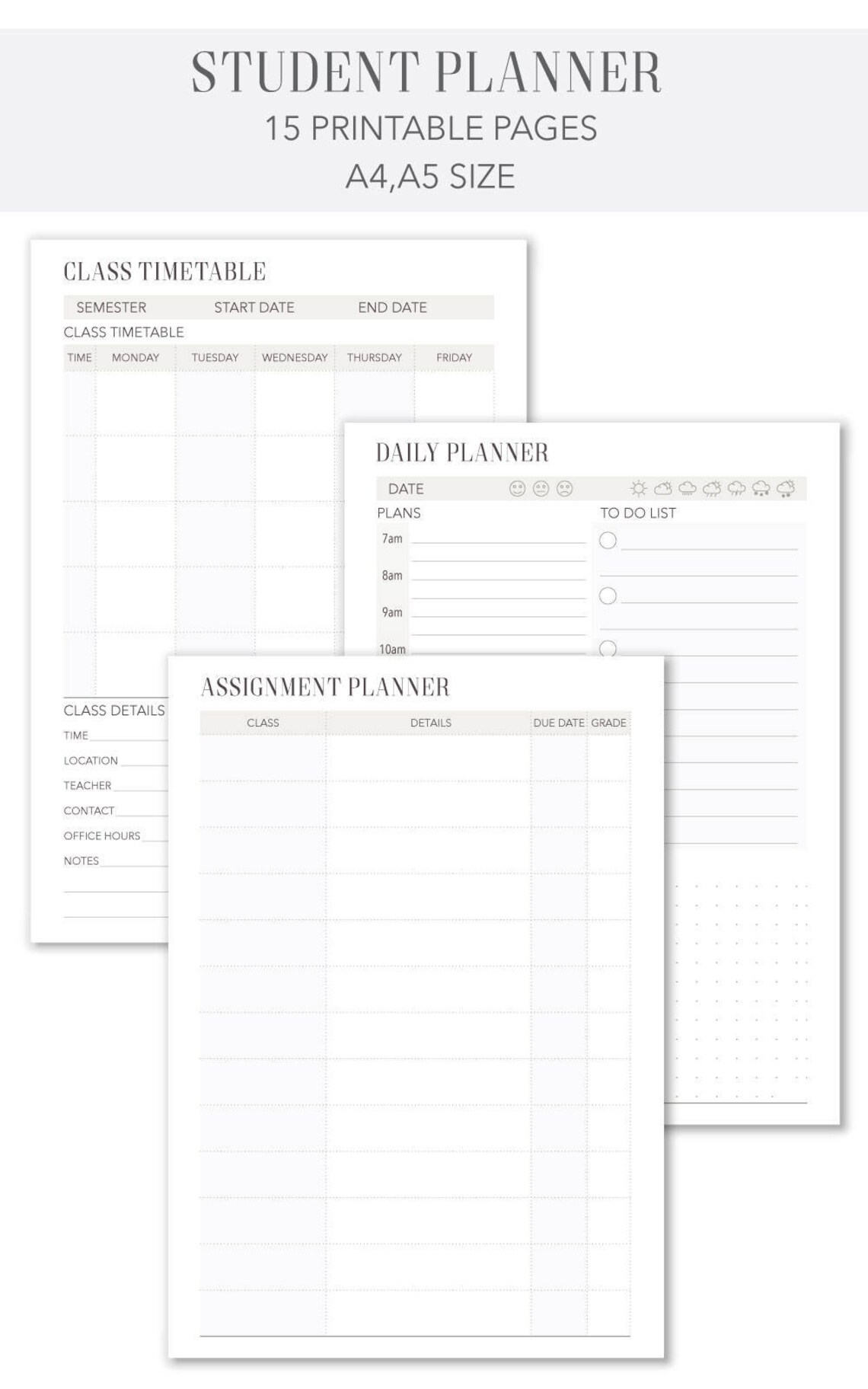 Student Planner Monthly Weekly Daily Planner 15 Pages A4 A5 - Etsy