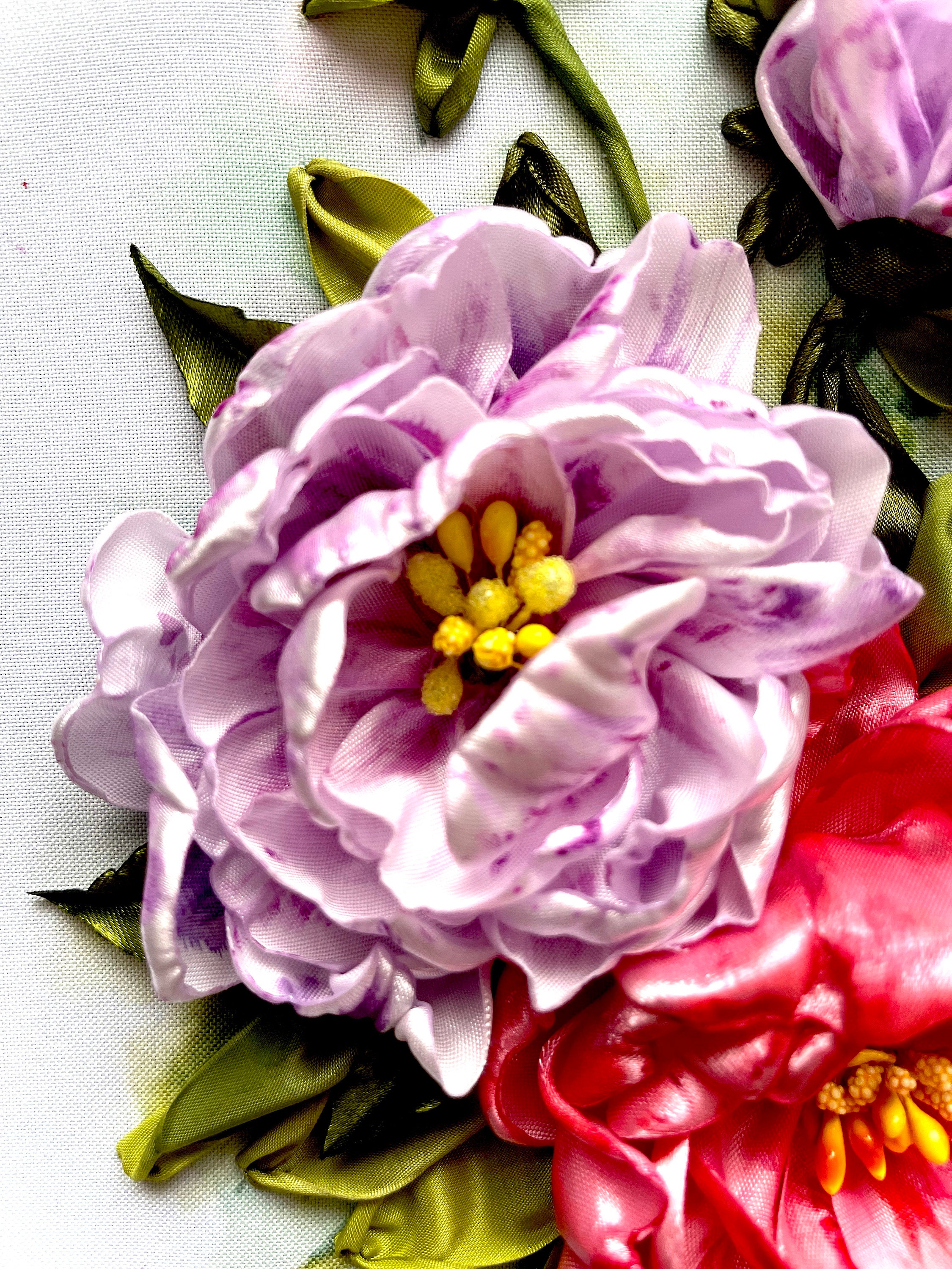 Embroidered 3D Painting Pink Peonies Silk Embroidery, Satin Ribbons, 30 ...