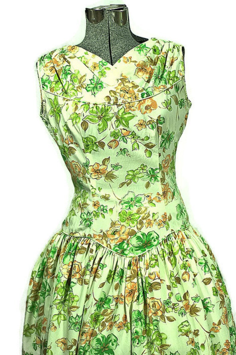 1950 Cotton Day Dress. Vintage Spring Drop Waist Cotton Dress. Size ...