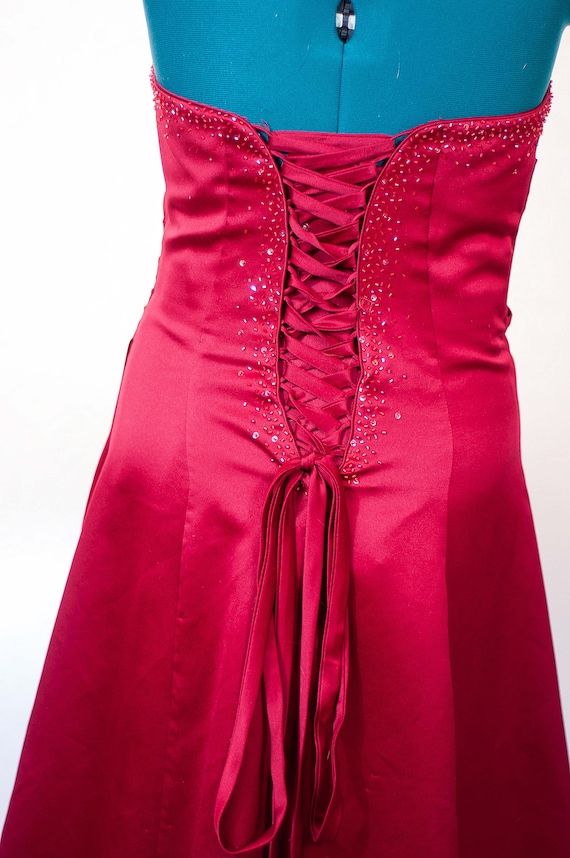 Red Corset Strapless Satin Prom Dress, Vintage 1990s … - Gem
