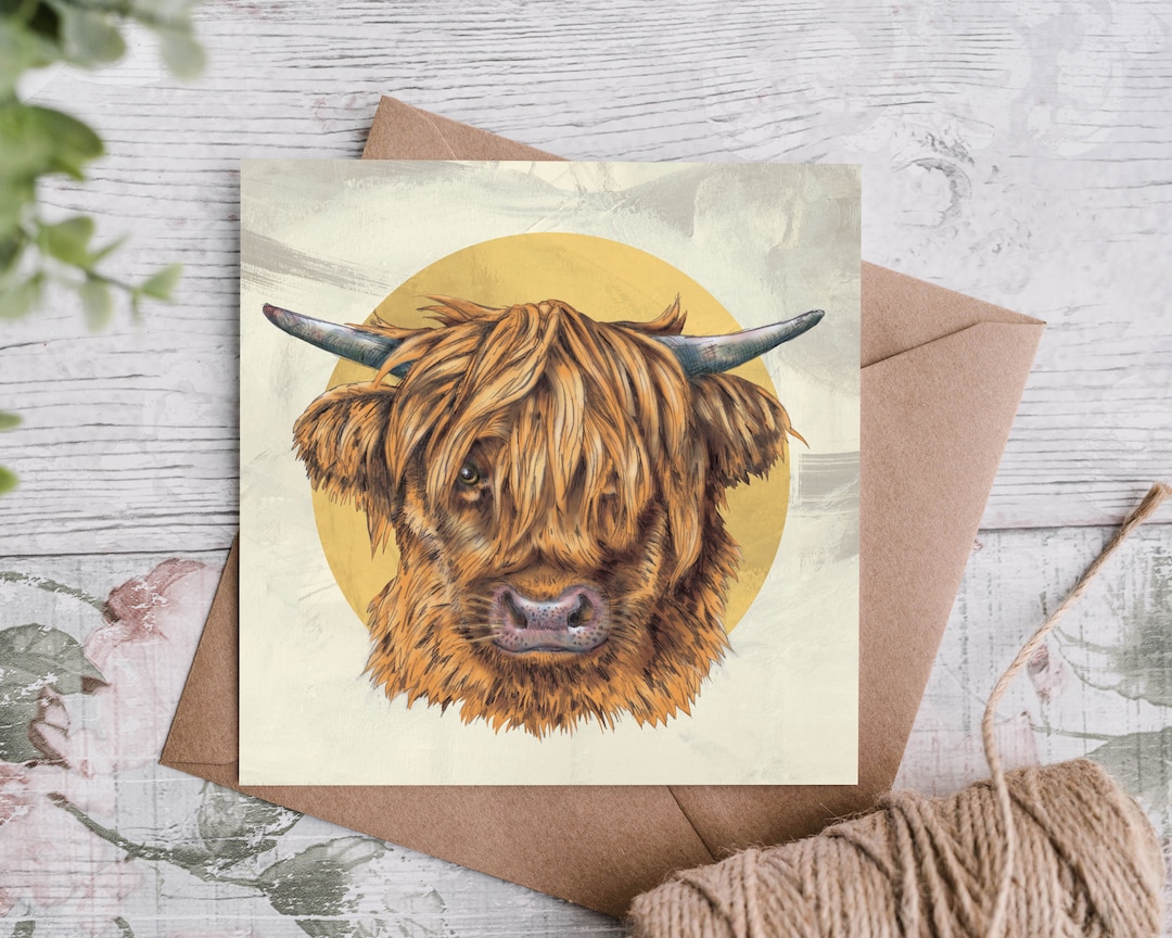 Yellow Highland Cow Greeting Card - Scottish Hairy Coo - Cute Animals ...