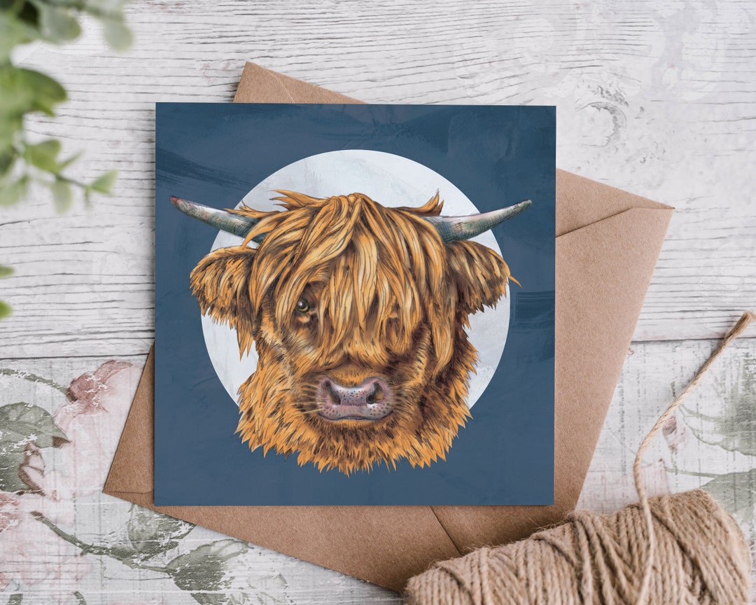 Blue Highland Cow Greeting Card - Scottish Hairy Coo - Cute Animals ...