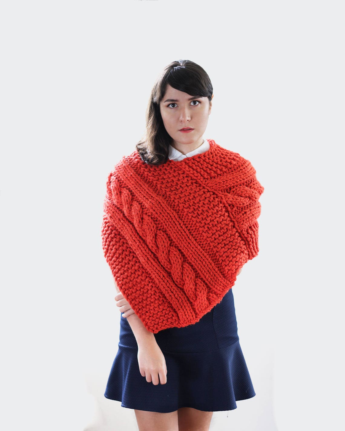 Ready to Ship Chunky Knit Poncho with Braid Fall Poncho | Etsy