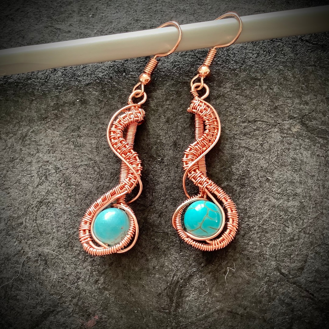 Wirework Earrings, Turquoise and Copper Earrings, Wave Earrings ...