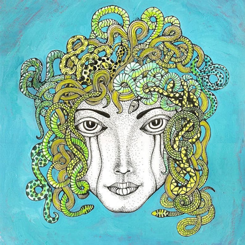 Colorful Art Print of Medusa With Hair of Snakes Line Drawing - Etsy